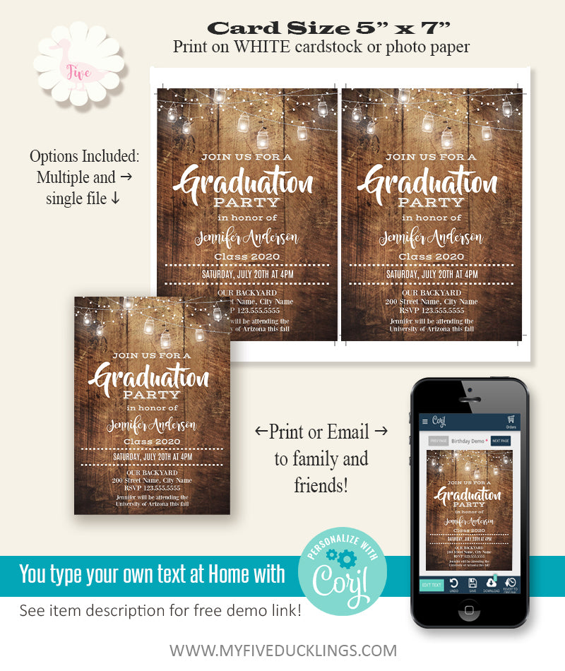 Rustic Graduation party invitation, printable editable template, A800 ...